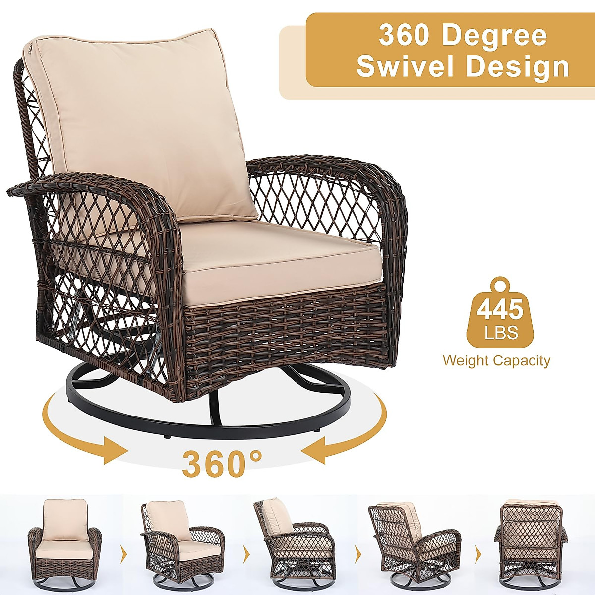 VINGLI 3 Pieces Outdoor Swivel Chairs Set of 2 and Side Table, Wicker Outdoor Rocking Chair Patio Swivel Chairs Outdoor Furniture Set for Porch Deck Backyard