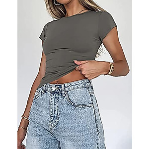 ZHENWEI 2 Piece Women's Workout Gym Compression Shirts Cute Basic Cap Sleeve Slim Fitted Crop Tee Top Black&Grey S