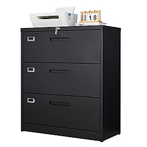 Letaya Metal Lateral File Cabinets with Lock, 3 Drawer Steel Wide Filing Organization Storage Cabinets,Home Office Furniture for Hanging Files Letter/Legal/F4/A4 Size (Blcak-3 Drawer)
