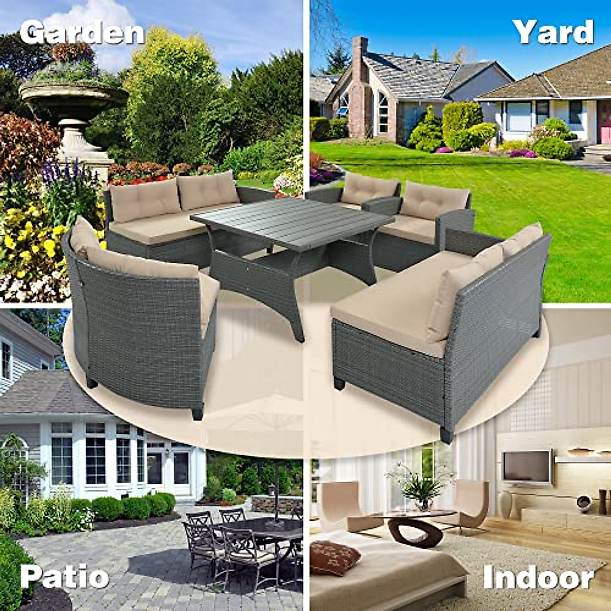 Outdoor Patio Furniture Conversation Sets Dinning Set, with Plywood Table, 6 Pieces All-Weather PE Wicker Curved Cushioned Sectional Sofa Set with Pillows (6-Piece + Beige + Plywood Table)