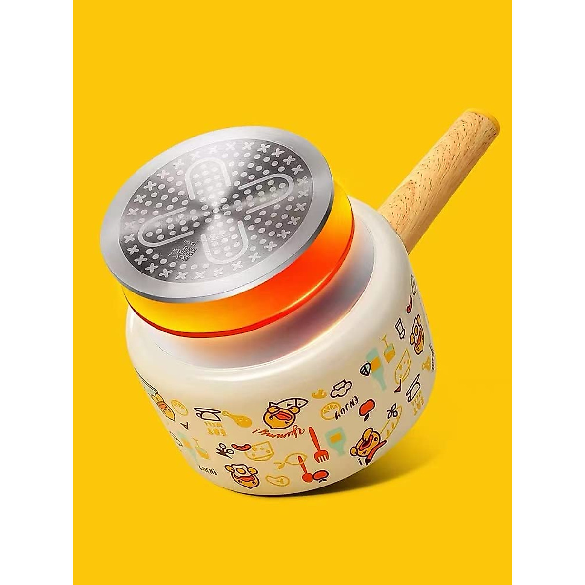 Cooker King x B. Duck 6 inch Milk Pot with Lid, Non-Stick Sauce Pan, Yellow Duck Pattern Small Cookware with Wood Handle-Yellow & White
