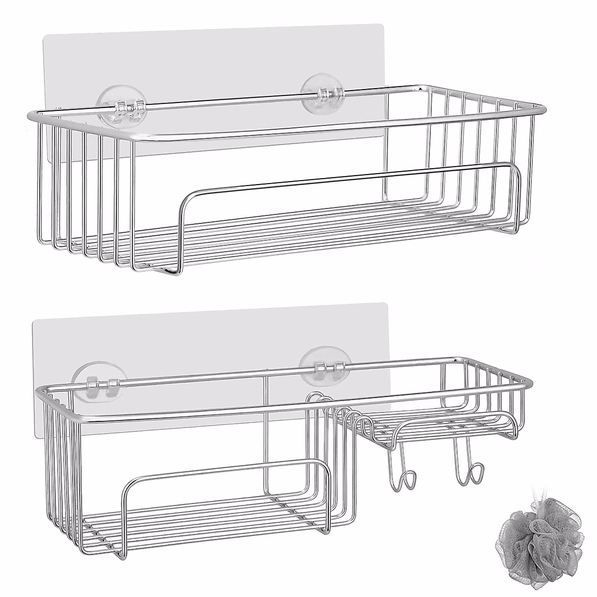 COSYLAND 2-Pack SUS304 Stainless Stee1 Adhesive Shower Caddy Hanging Basket Shelf, Rustproof Bathroom Shower Racks Bathroom Organizer in Shower (Chrome)