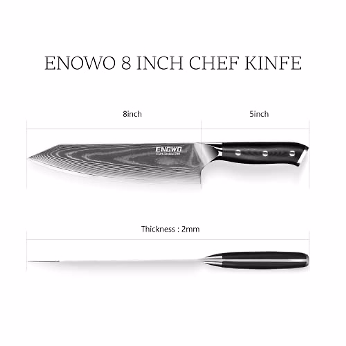 enowo Damascus Chef Knife 8 Inch, Japanese VG-10 Stainless Steel with Premium G10 Handle&Triple Rivet, Razor Sharp Kitchen Knife,Gift Box,Ergonomic,Superb Edge Retention, Stain & Corrosion Resistant