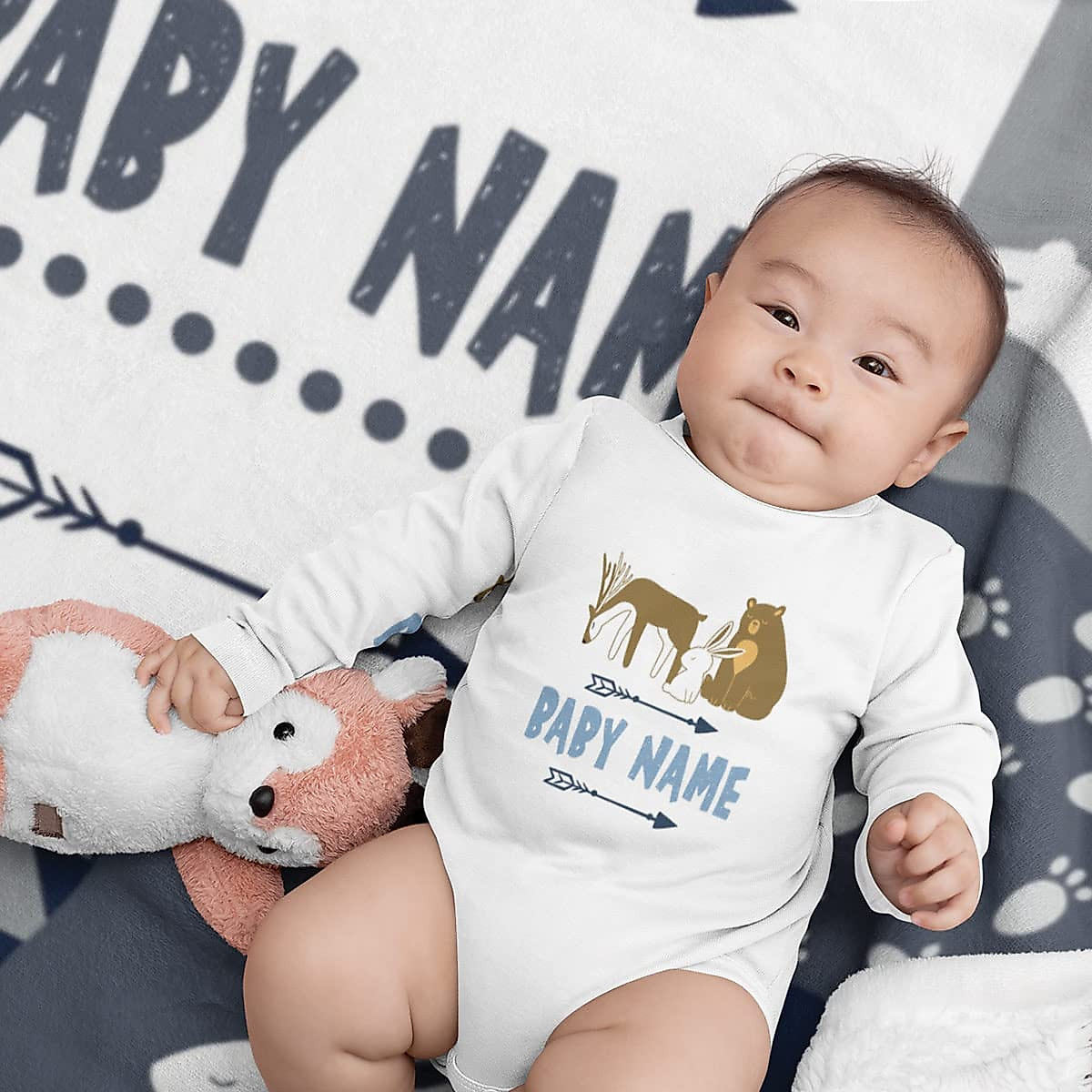 Ruby Star Personalized Baby Blanket for Boy, Cozy Plush Fleece Blanket, Custom Baby Name, Includes Baby Onesie and BIB, Bankets for Kid (Woodland), Full