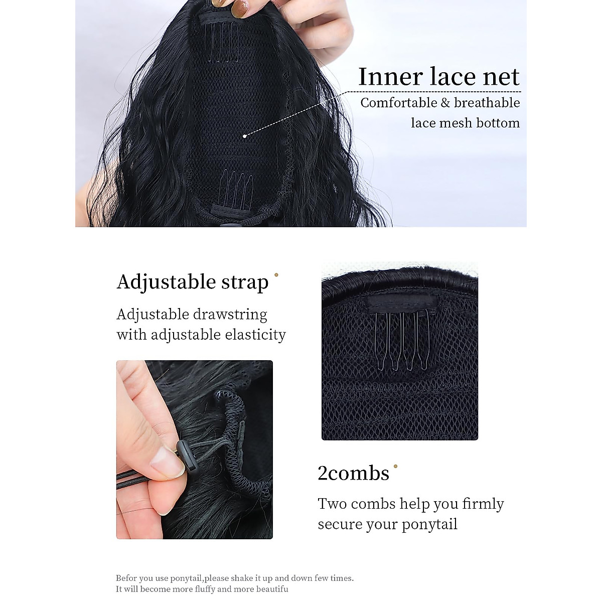 Rosooi 26 Inch Long Black Drawstring Ponytail Extension for Women Synthetic Long Curly Wavy Clip in Ponytail Hair Extensions for Daily Party Use (26 Inch, Black)