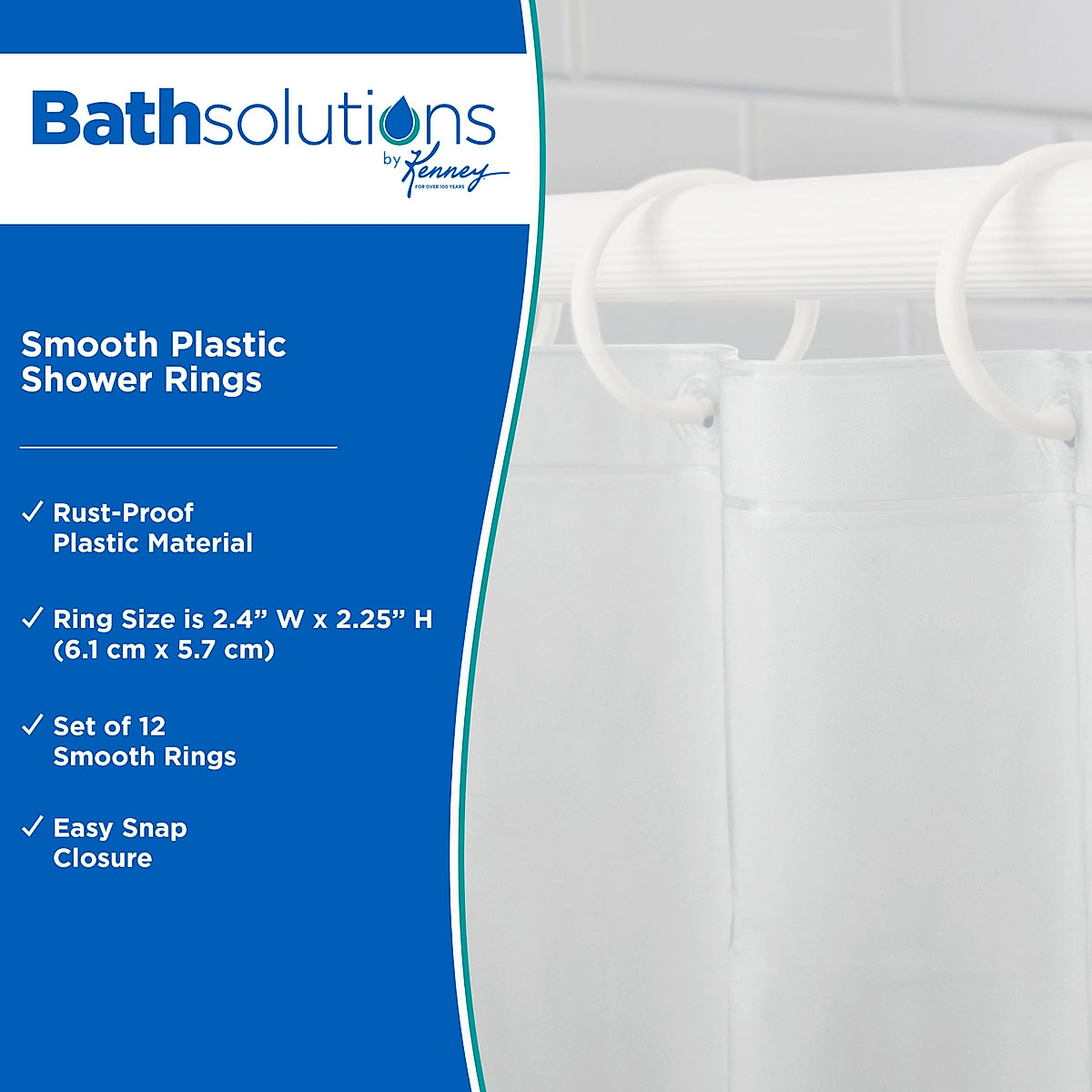 Kenney KN61217 Rust-Proof Smooth Plastic Shower Curtain Rings for Shower Curtain and Standard Shower Curtain Rod, Bathroom Use, Easy to Snap Closure, Easy to Install, Set of 12, White