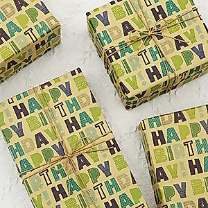 Happy Birthday Green Wrapping Paper For Men Women Boys Girls Kids,Gift Wrap, 20 x 28 inches per sheet (6 sheets: 23 sq. ft. ttl.) Brown KRecycled raft Folded Paper for Baby Shower Daddy All Birthday Occasions