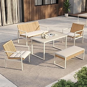 Grand patio 5-Piece Outdoor Dining Set, Wicker Patio Dining Table Set for 6 with Bench and Seat Cushion, Outdoor Patio Furniture Dining Chair Set for Backyard, Garden, Deck