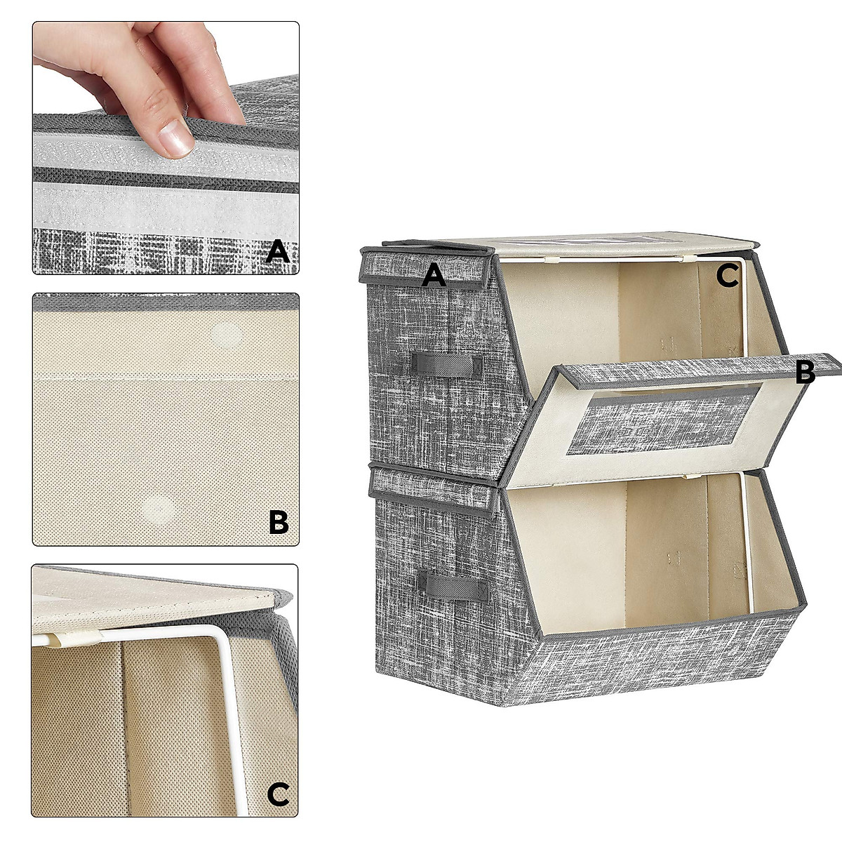 SONGMICS Stackable Storage Bins Set of 2, Fabric Storage Boxes with Lids, Storage Cubes with Magnetic Closures, Front Windows, Lids Can Stay Open after Stacking, Light Gray URLB002G02