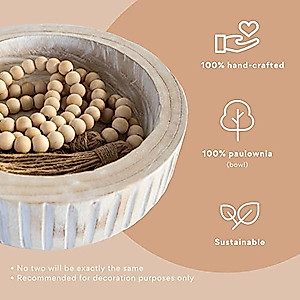 FJ Designs Decorative Bowl Set - Farmhouse Wooden Bowl, Beads Garland | Neutral Home Decor | Coffee Table Centerpiece | Key Bowl for Entryway | Boho | Rustic