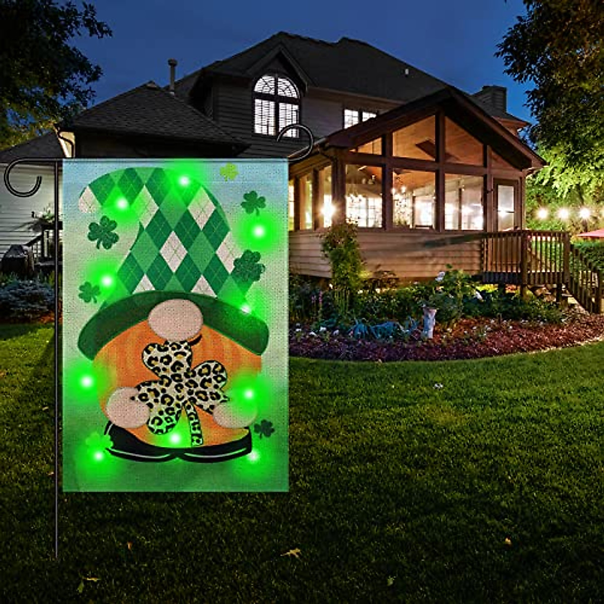 St Patrick's Day Garden Flag with Green Led Lights Good Shamrock Luck Truck Gnome 12 X 18 Inch Double Sided Garden Flag Durable Burlap Shamrock Garden Flag for Lawn Party Outdoor Decorations (Gnome-3)
