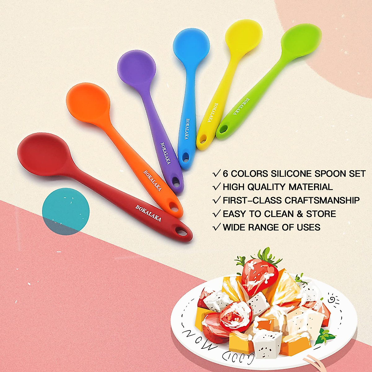 Silicone Spoon,6 Pieces Nonstick Silicone Spoons for Cooking Silicone Mixing Spoons Silicone Cooking Spoons Set Baking Stirring Mixing Serving Tools (Yellow,Red,Purple,Orange,Blue,Green)
