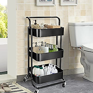 GSEEY 3 Tier Rolling Cart,Black Metal Storage Organizer Utility Cart on Lockable Wheels, for Kitchen,Bathroom,Office,Living Room (Black)