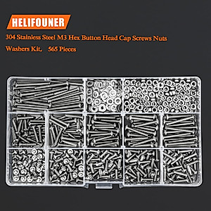 HELIFOUNER 565 Pieces M3 x 4mm /6mm /8mm /10mm /12mm /14mm /16mm /18mm /20mm /25mm / 30mm, Button Head Socket Cap Metric Screws Bolts Washers Nuts Kit, 304 Stainless Steel