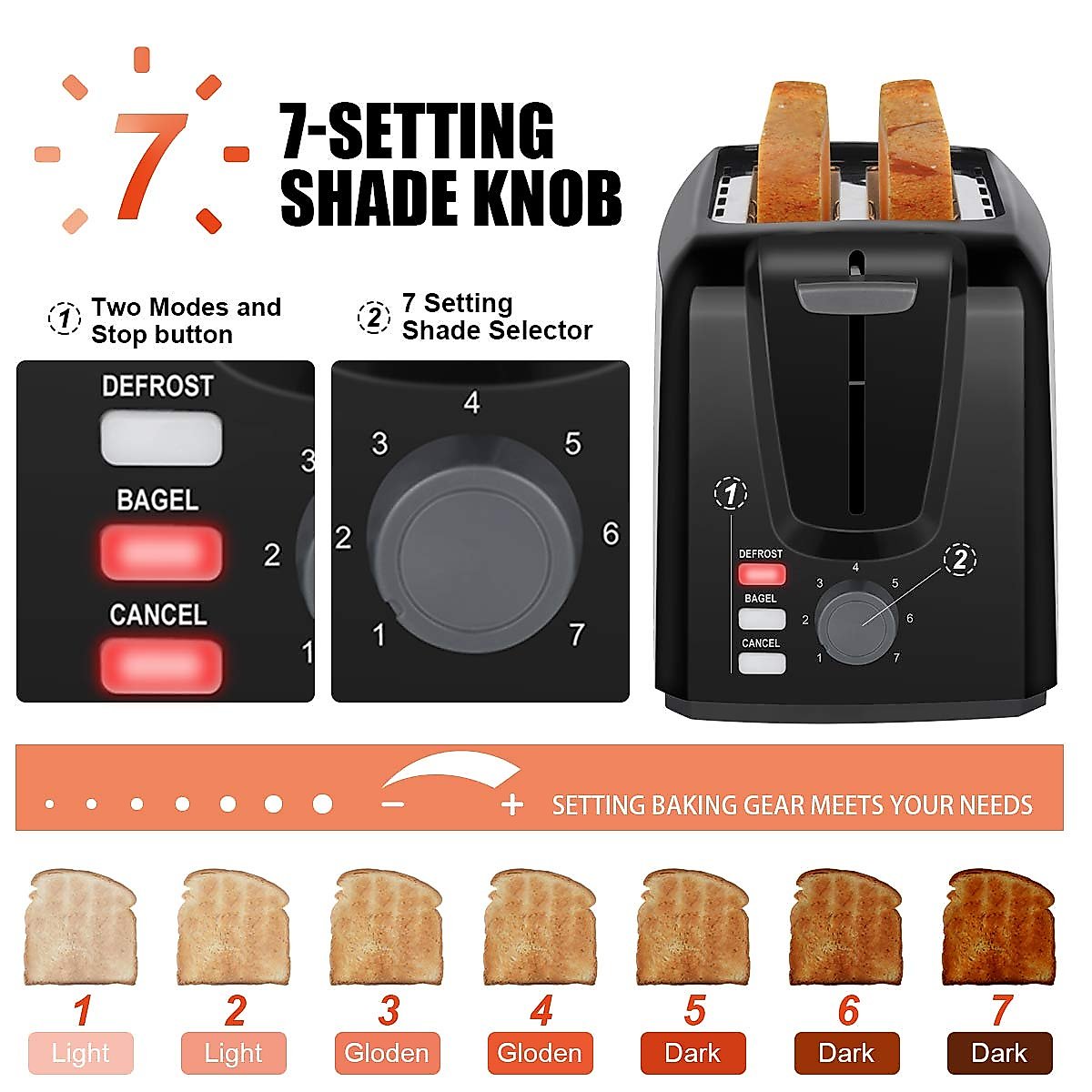 Toaster 2 Slice Stainless Steel Toaster Two Slice Toaster with Removable Crumb Tray Toaster Wide Slot Toasters 2 Slice Best Rated Prime with 7 Bread Shade Settings and Bagel, Defrost, Cancel Function for Bread