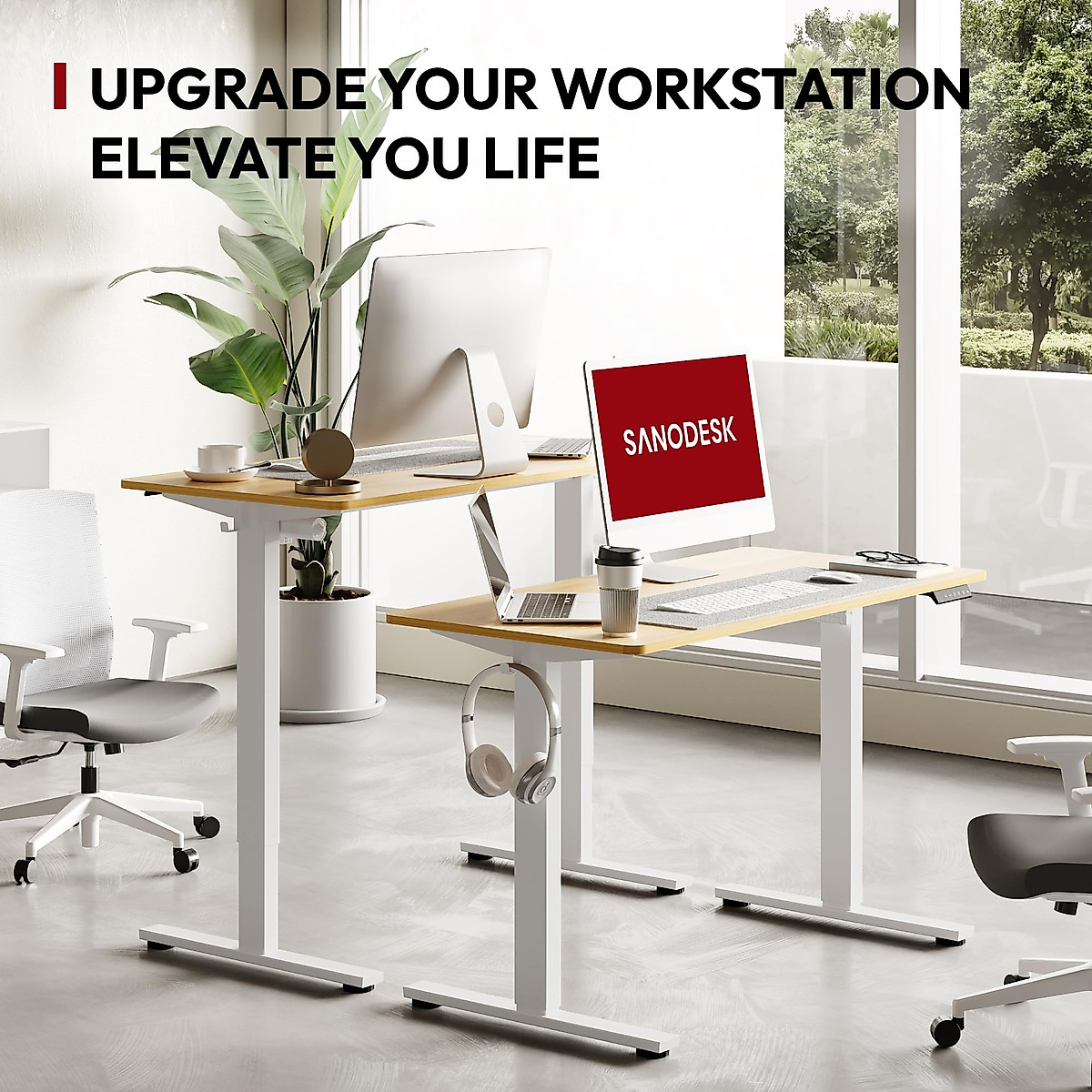 SANODESK Electric Standing Desk 48 x 24 Inches, Height Adjustable Stand Up Desk w/6-Button Controller, Ergonomic Computer Desk for Home Office, White Frame + Natural Tabletop