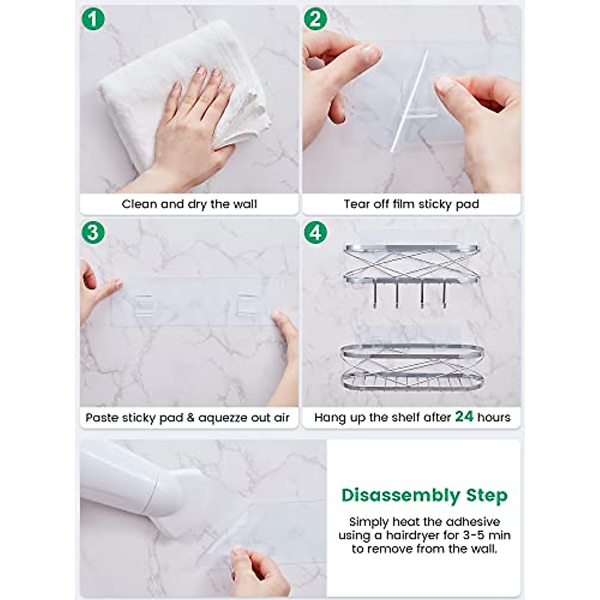 PARAKE Shower Caddy for Bathroom, 2-Pack Self-Adhesive Shower Storage Shelf with 4 Hooks, SUS304 Shampoo Organizer Rack Shower Shelf, Rustproof Large Capacity, for Kitchen Dorm Bath Toilet, Silver