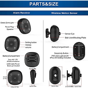 Driveway Alarm, Outdoor Waterproof Motion Sensor, Wireless Driveway Alarm System, 2 PIR Motion Detectors & 1 Receiver, Expandable House Alarm Systems for Home & Property