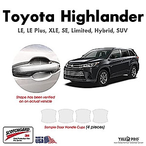 YelloPro Custom Fit Door Handle Cup 3M Anti Scratch Clear Bra Paint Protector Film Self Healing Guard Kit for 2017 2018 2019 Toyota Highlander LE, LE Plus, XLE, SE, Limited, Hybrid, SUV