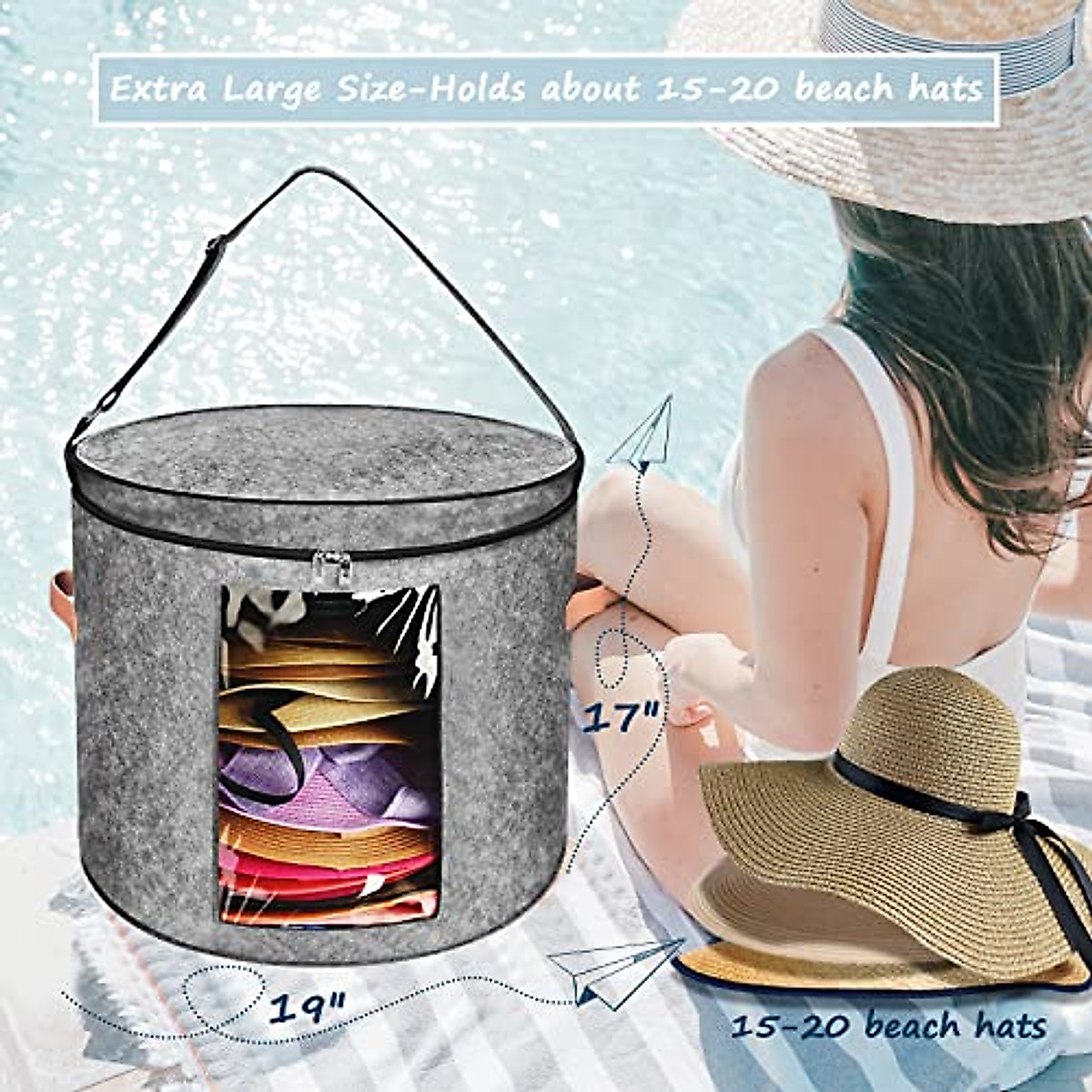 CAPHONT 2 Pack Huge Hat Box for Women & Men Hat Storage Boxes Foldable Felt Round Travel Hat Organizer Large Size (19" D x 17" H) & Small Size (17" D x 10" H) with Dustproof Lid for Various Hats