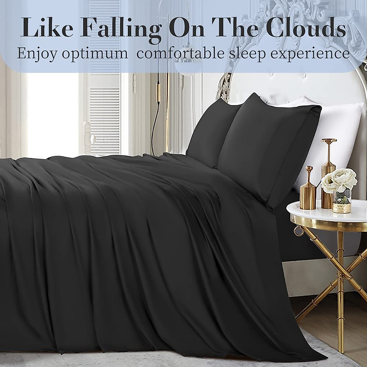 Shilucheng 100% Cotton Sheets Set - 1000 Thread Count，Luxury Egyptian Cotton Bed Sheets，Breathable & Cooling Bedding and Pillow Cases, 16 Inch Deep Pocket - 4 Piece (Black, Full)