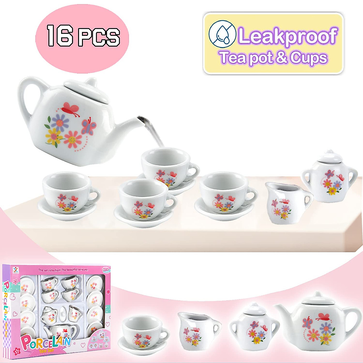 Liberty Imports 16 Piece Rose Flower Miniature Porcelain Ceramic Tea Set | Kids Toy Mini Pretend Play Kitchen Decorated Playset | Small Party Accessories Teapot, Cups, Sugar Bowl and Creamer