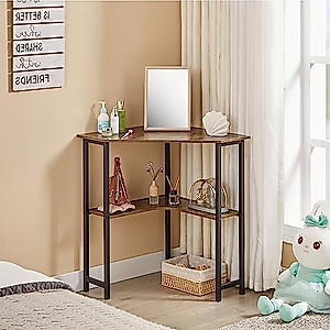 VECELO Corner Computer Desk 33 x 23 inches with Storage Shelves for Small Spaces,Triangular Shape,Brown