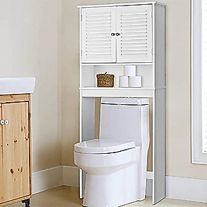 Squareful Over-The-Toilet Bathroom Storage Shelf, Freestanding Storage Organizer w/Louvre Door & 1 Open Shelf, Bathroom Space Saver, White, (HW66126)