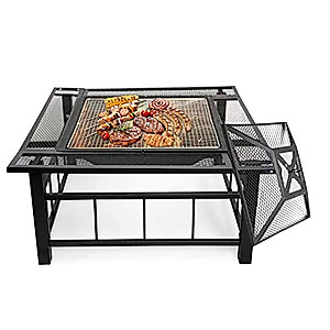 32 Inch Fire Pit Table with Swivel Grill for Outside, Large Square Outdoor Wood Burning Firepit with BBQ Grill Grate, Mesh Spark, Log Grate, Poker for Backyard Garden Patio Camping Picnic