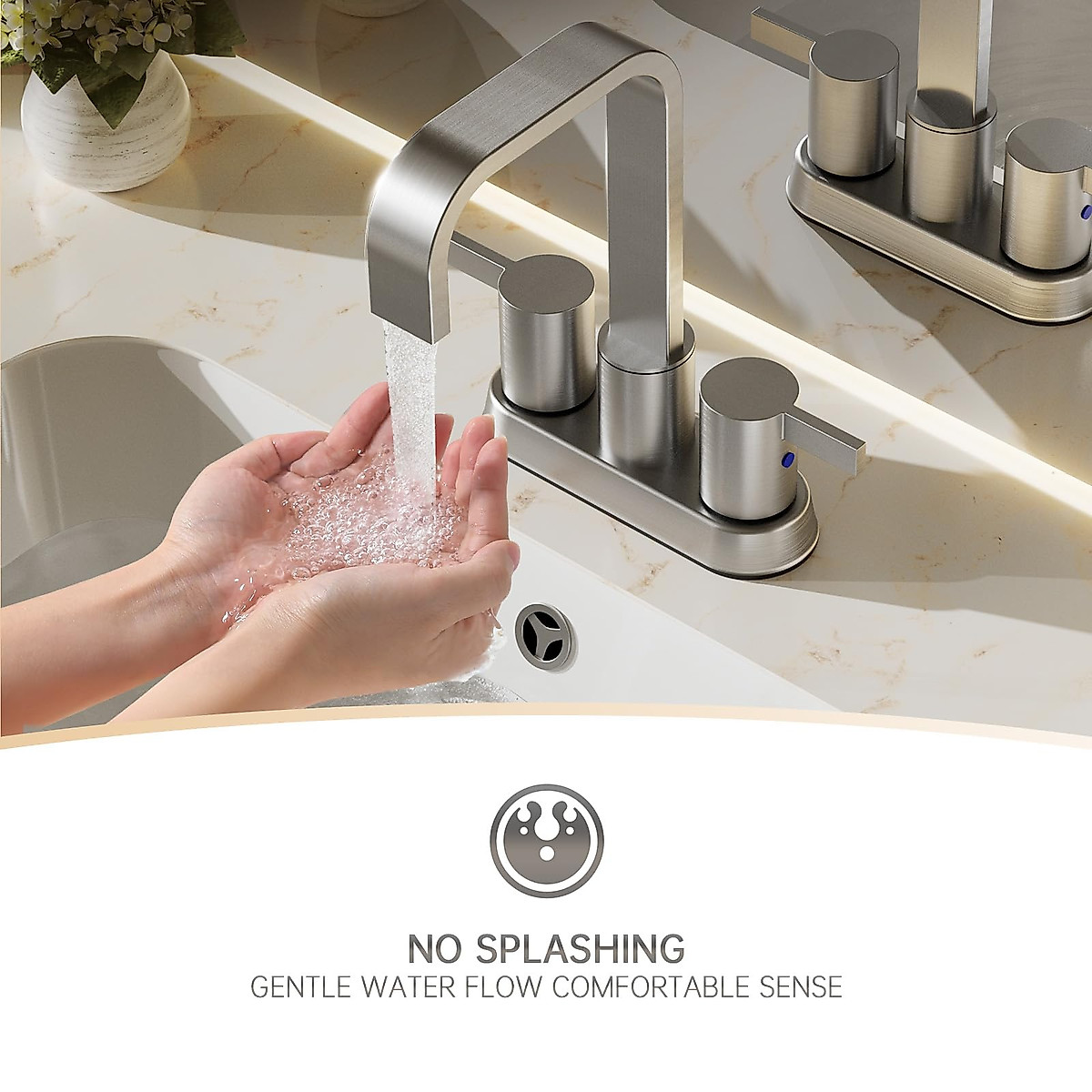 Phiestina Waterfall Bathroom Sink Faucet, Brushed Nickel 4 Inch 2 or 3 Hole Centerset RV Bathroom Faucet, with Swivel 360 Degree Spout, Metal Pop-Up Drain and Water Supply Lines, BF040B-1-BN