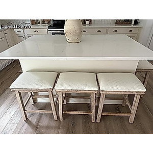 Erste!Bravo White Solid Wood Bar Stools Set of 2 for Kitchen Counter Counter Height Coastal Barstools with Faux Leather Farmhouse Upholstered Stools for 34"-38" Island, Creamy White Cushion, Wood Legs
