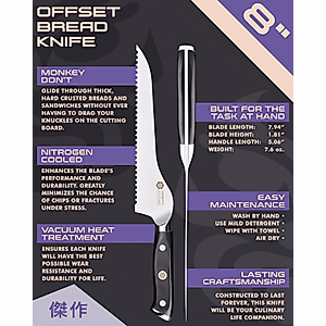 KESSAKU Offset Bread Deli Serrated Knife - 8 inch - Dynasty Series - Razor Sharp Kitchen Knife - Forged ThyssenKrupp German High Carbon Stainless Steel - G10 Garolite Handle with Blade Guard