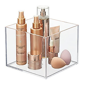 mDesign Makeup Organizer for Bathroom, Bedroom and Vanity Countertops, and Drawers; Storage Bins for Cosmetics, Brushes, Eyeshadow Palettes, Lipstick, Blush - Square - 3 Pack, Clear/Rose Gold