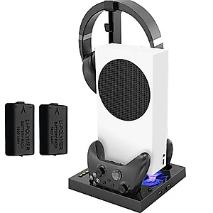 Joso Cooling Fan Vertical Stand for Xbox Series S, with Dual Controller Charging Station, Headset Stand, 1400mAh Rechargeable Battery Pack - Black