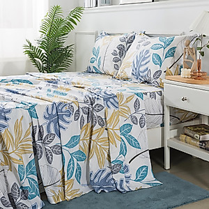 Lemfux Twin Sheet Sets 4Pcs,100% Cotton Palm Leaf Print Plant Luxury White Bed Sheet Sets, Deep Pocket Fitted Sheet Set, Ultra Soft Flat Sheet Set for All-Season Bed Sheets Twin