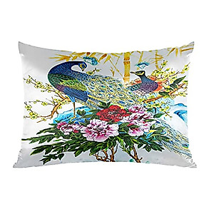 Satin Pillowcase for Hair and Skin, Classical Flower Peacock Silk Pillowcase Standard Size Silky Pillowcases with Zipper Slip Cooling Satin Pillow Cases Pillow Cover (20x26 Inches)
