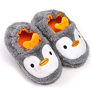DADAWEN Toddler Boys Girls Soft Plush Slippers Cartoon Cute Animal Warm House Shoes Grey/Penguin US Size 11-12 Little Kid