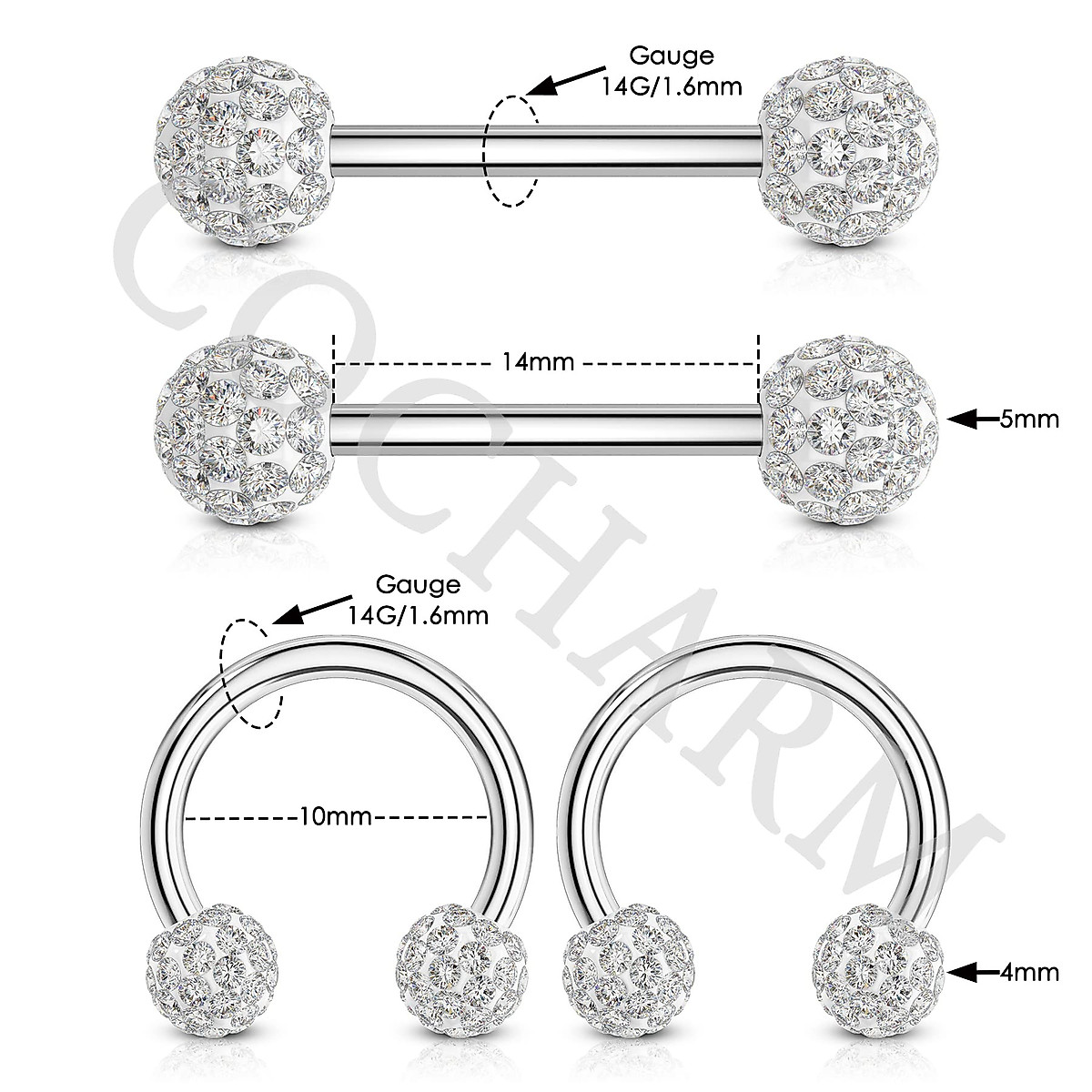 COCHARM 4pcs G23 Solid Titanium Nipple Rings 14g White Nipple Rings Horseshoes Nipple Hoop Nipple Piercing for Women Cute Small Diamond Paved Nipple Barbells