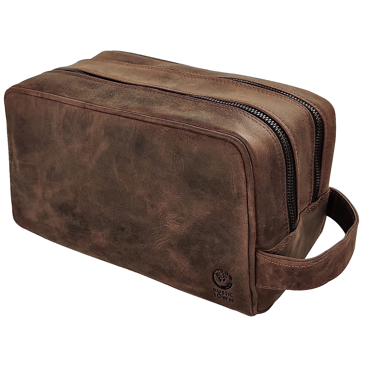 RUSTIC TOWN Full Grain Leather Travel Toiletry Bag - Dopp Kit Organizer (Dark Brown)