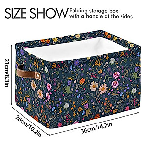 Kigai Large Storage Basket Cute Cartoon Flowers Square Foldable Canvas Laundry Baskets Bin Waterproof Inner Layer with Sturdy Handles for Kids Toy Nursery Blanket Clothes 1 Pack