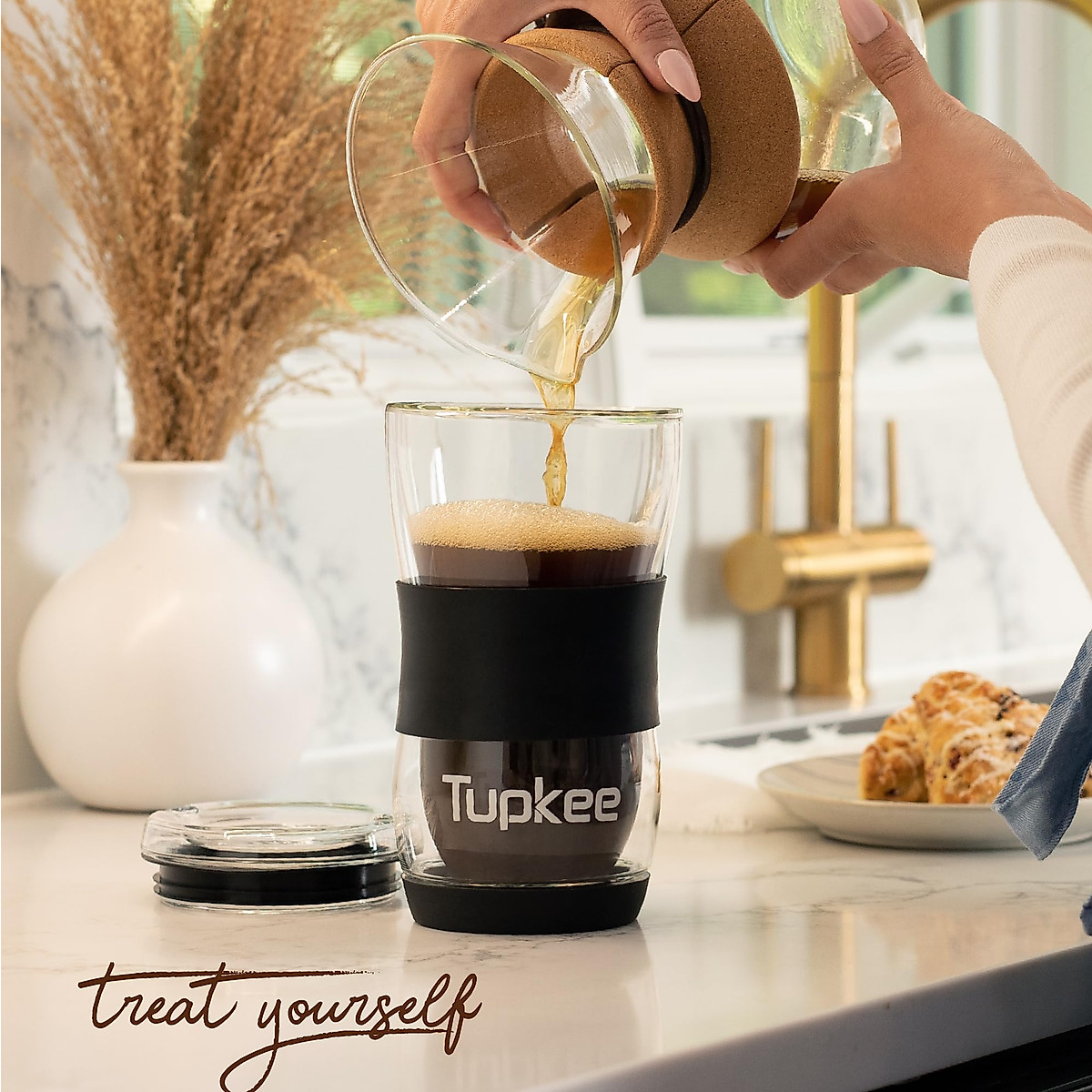 Tupkee 20 oz Double Wall Glass Tumbler With Lid – All Glass Reusable Insulated Hand Blown Glass Travel Mug - For Coffee, Tea, Boba, Iced Coffee, and Smoothie Cup To Go – Black