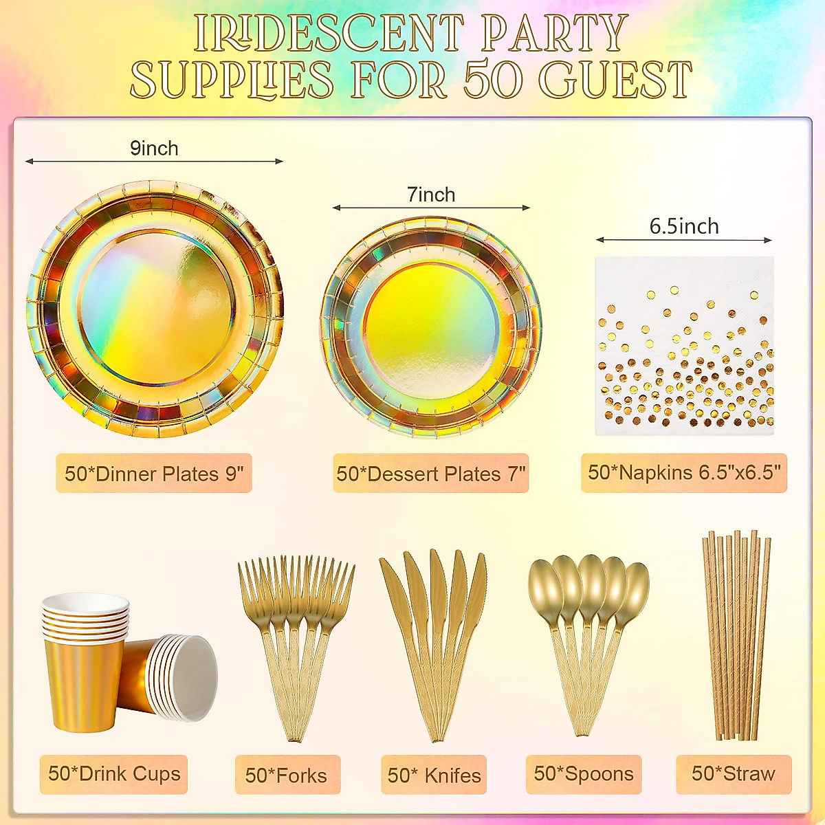 Iridescent Gold Party Supplies Decorations Serve 50, Holographic Gold Paper Plates and Napkins, Disposable Iridescent Party Plates Cups Napkins for Wedding Anniversary Birthday Bridal Shower Party