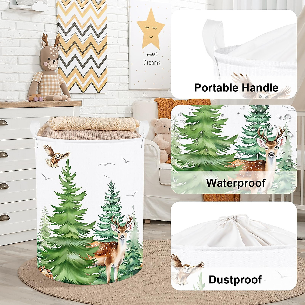 Clastyle 45L Large Green Pine Tree Deer Owl Kid Laundry Hamper with Handle Collapsible Forest Hedgehog Raccoon Clothes Toy Storage Basket with Lid for Nursery