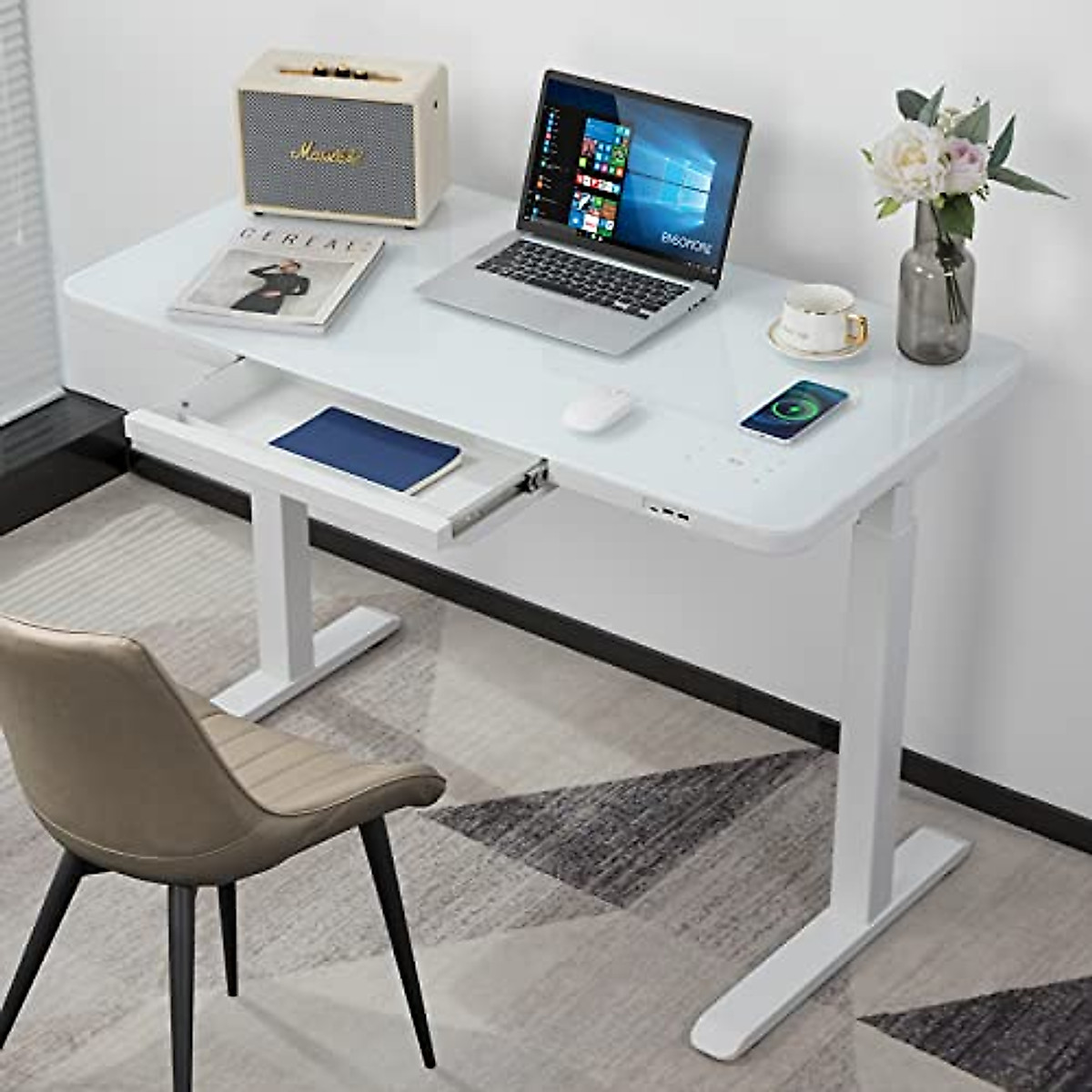 ERGOMORE Glass Standing Desk with Wireless Charging, 45x23 Inch Dual Motor Height Adjustable Desk with Drawer, Touch Control, 3 Memory Presets, Power Strip and USB Ports for Home and Office (White)