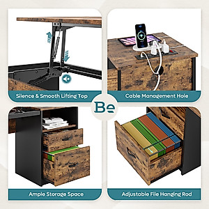 Bestier 60 inch Home Office Desk with Power Outlets, Computer Desk with Drawers, Reversible Desk with File Drawer, Adjustable Height Desk with Storage for Home Office, Brown