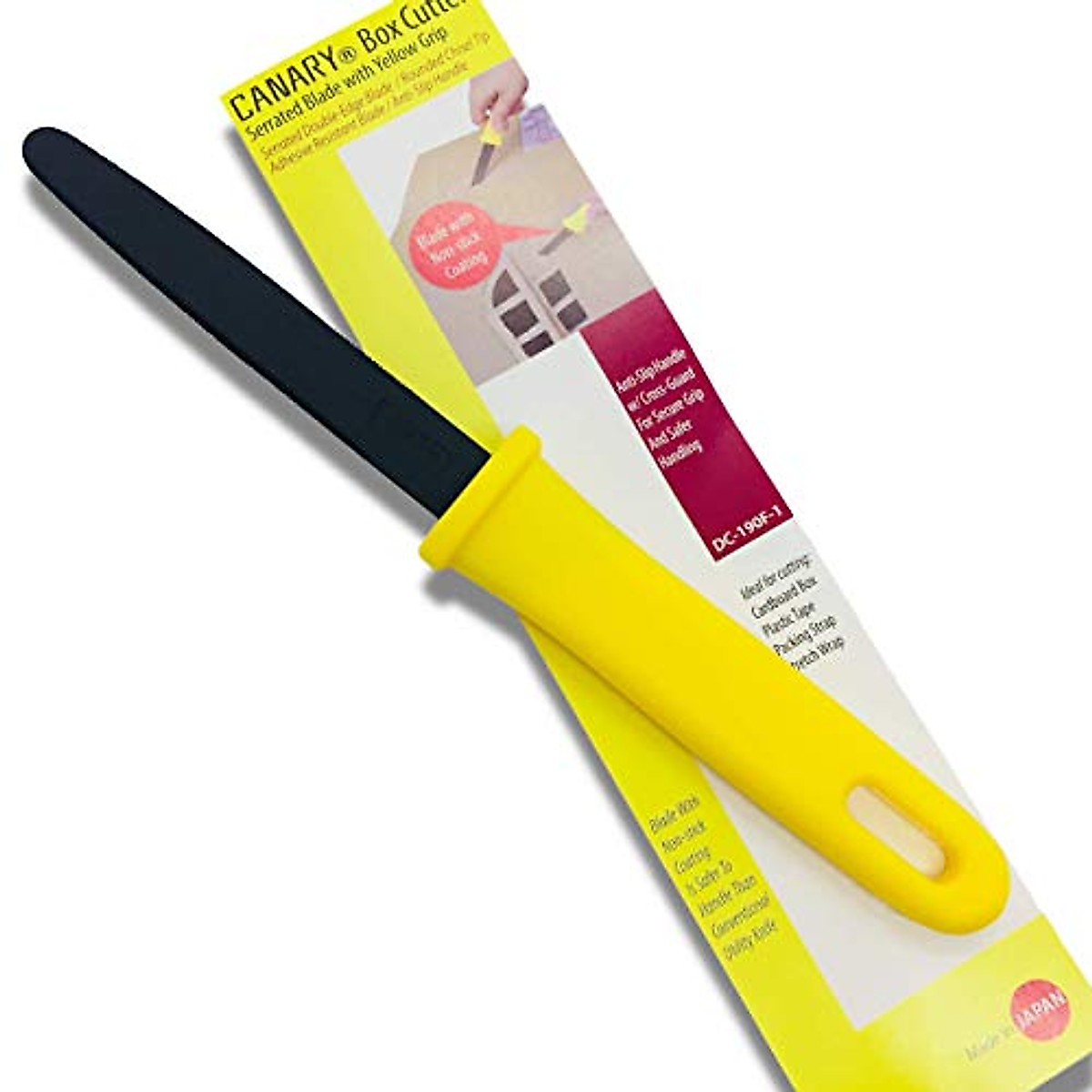 CANARY Corrugated Cardboard Cutter Dan Chan, Safety Box Cutter Knife [Non-Stick Fluorine Coating Blade], Made in JAPAN, Yellow (DC-190F-1) (Bulk 5 pcs)