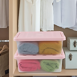 Qqbine 14 Quart Plastic Latching Storage Box, Plastic Underbed Storage Bin with Pink Lids, 2 Packs