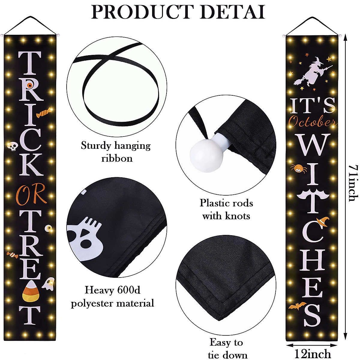 Tatuo 3 Pcs Lighted Halloween Reversible Banner Happy Fall Harvest and Halloween Trick or Treat Witches Banner Thanksgiving Day Halloween Party Porch Sign Hanging Sign for Fall Decorations Outdoor