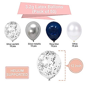 Navy Blue and Silver Confetti Balloons 50 pcs, 12 inch White Pearl and Silver Metallic Chrome Party Balloons for 2022 Graduation Party Decorations