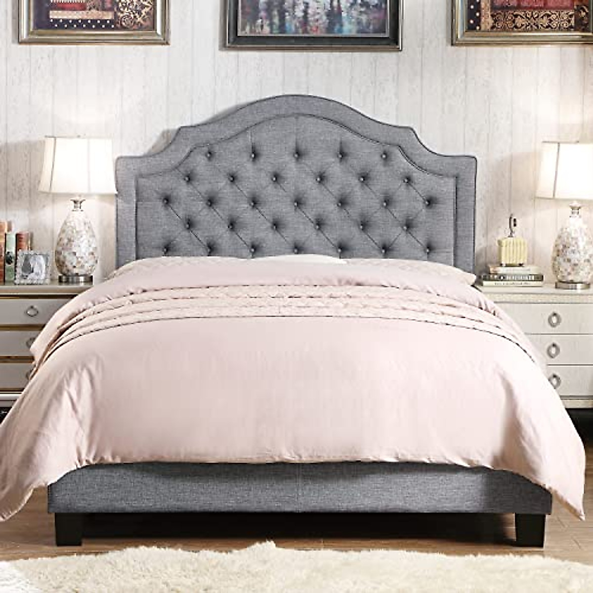 Rosevera Angelo Linen Upholstered Bed with Adjustable Headboard and Button Tufting, Full, Gray